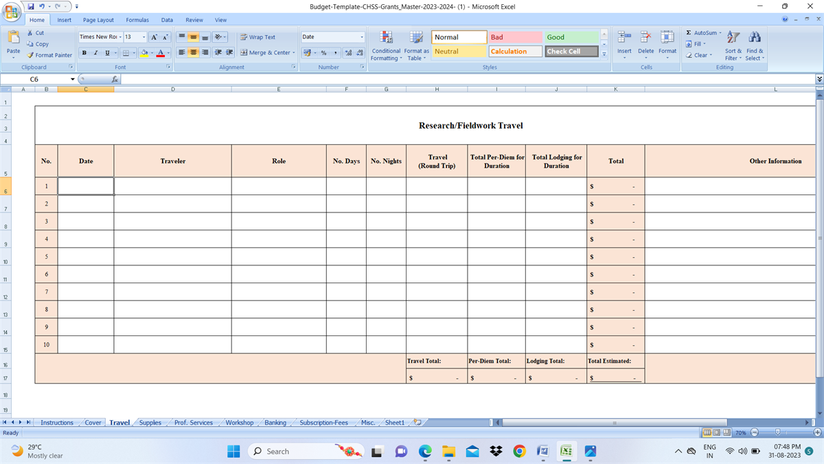 Breakdown of Budget in Excel Sheet (Wherein, dates have to be mentioned ...