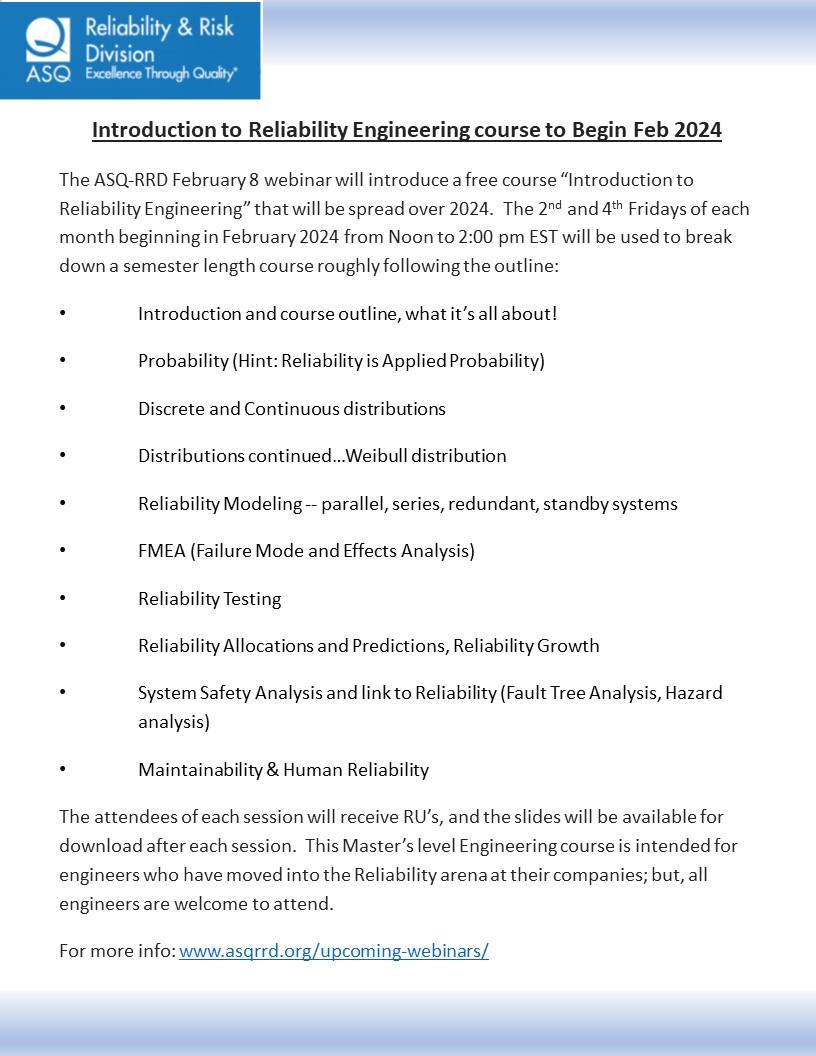 Free Intro to Reliability Engineering course via webinar sessions