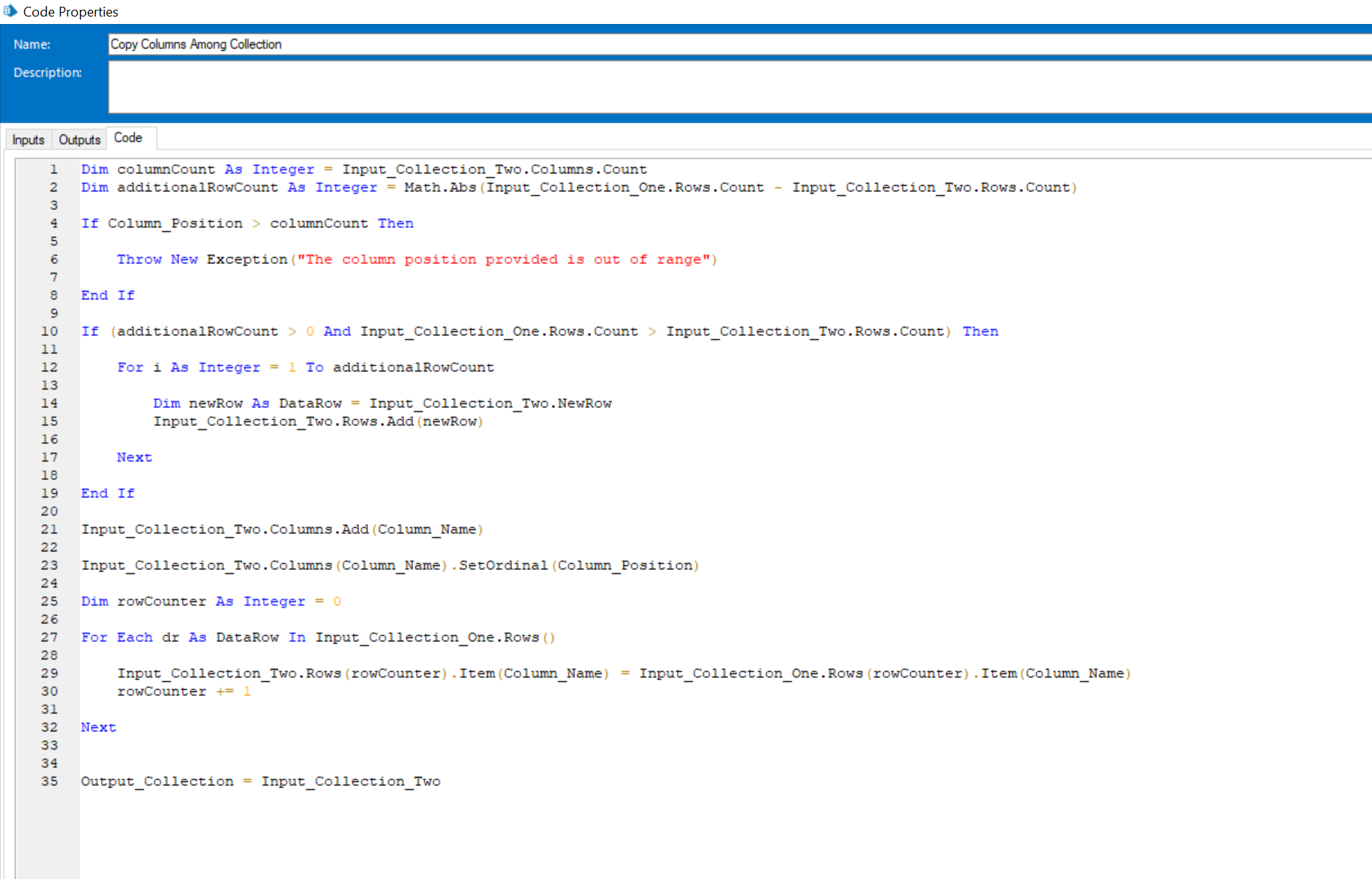 Copy Column from one collection to the other - Code stage | Blue Prism ...