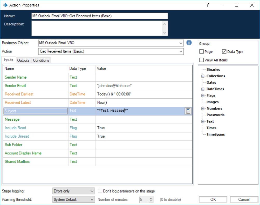 How to read mail by using MS outlook email VBO Get received item ...