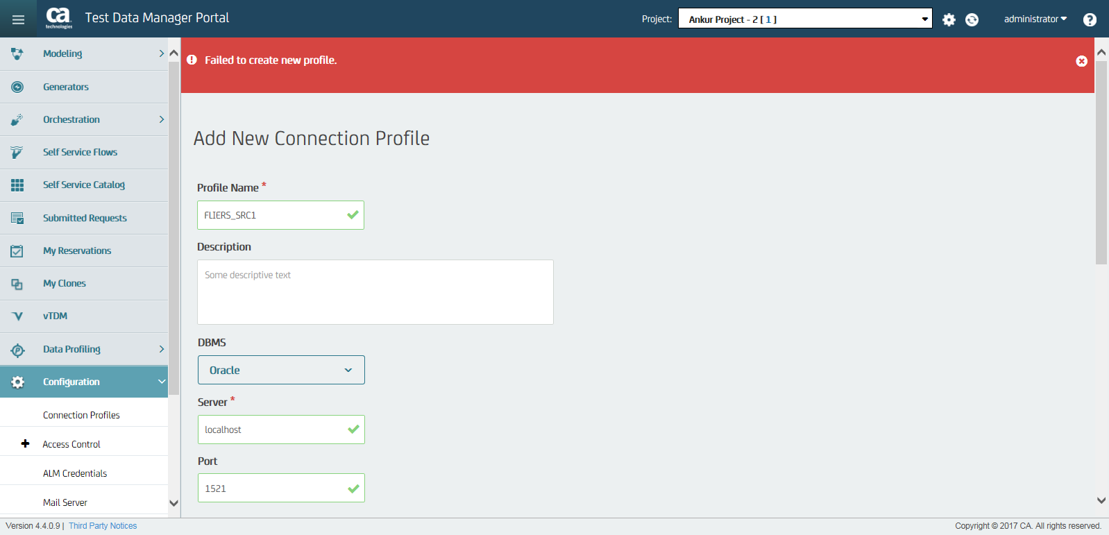 CA TDM Portal 4.4 - Connection Profile Issues | Test Data Manager
