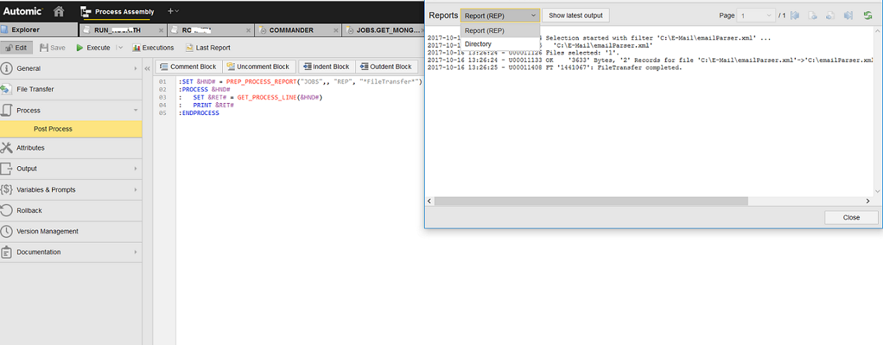 PREP_PROCESS_REPORT function not working in file transfer object | Automic Workload Automation