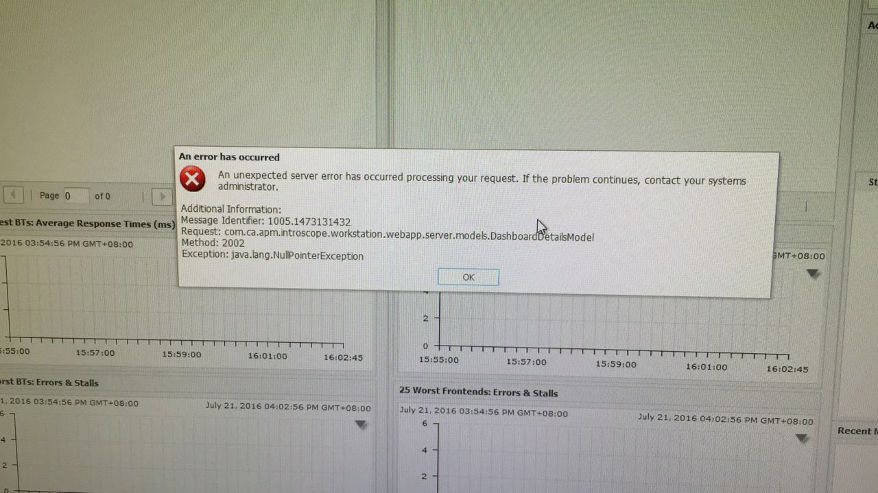 Exception in Dashboard of APM | DX Application Performance Management