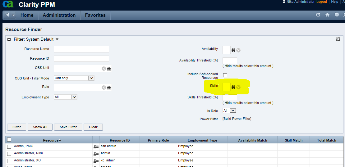 Resource Finder view in Resource object | Clarity