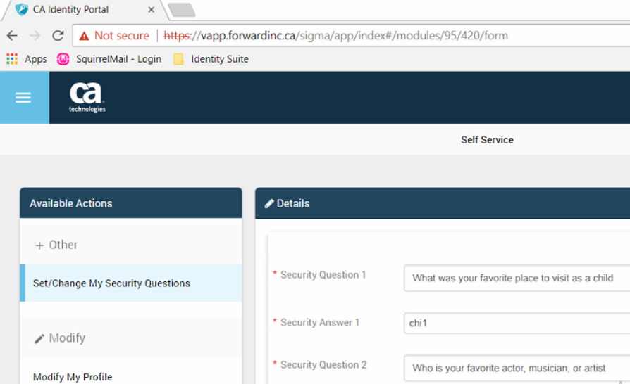 CA Identity Portal - First time login > Force to set security questions ...