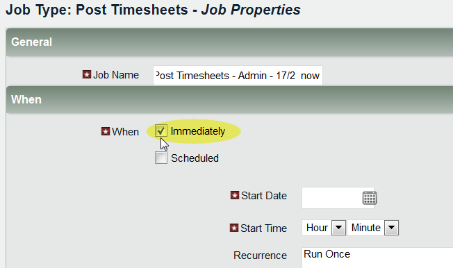 Post timesheet job (run immediately) | Clarity