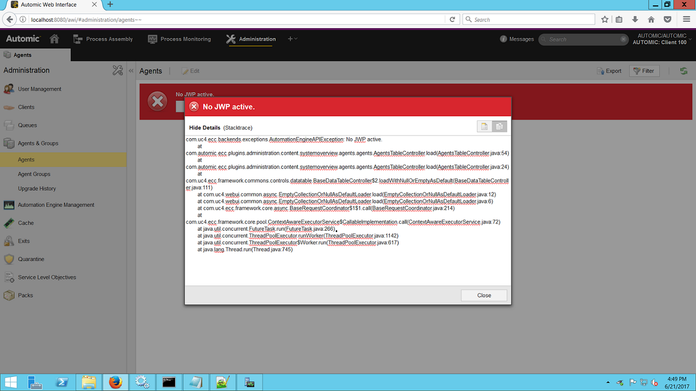 NO JWP Active error | Automic Workload Automation