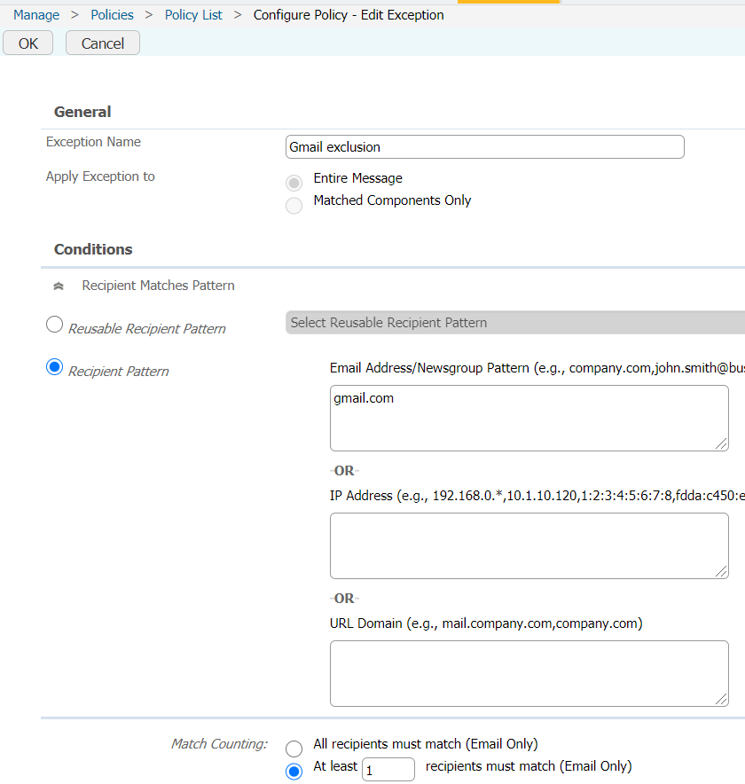 Recipient pattern from DB including wildcard | Data Loss Prevention