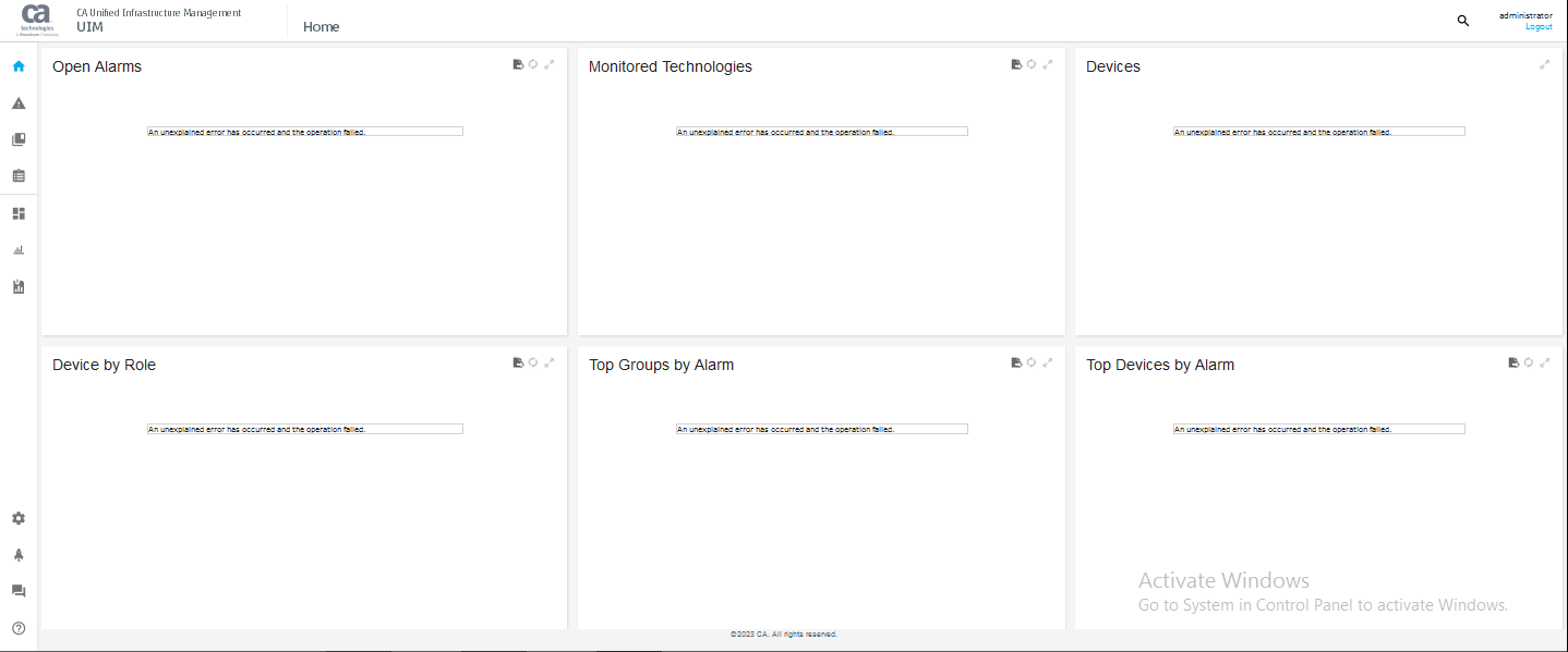 Dashboard uim sumary display An unexplained error has occurred and the ...