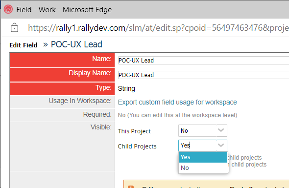 Make field visible in project, but leave child projects mixed | Rally Software