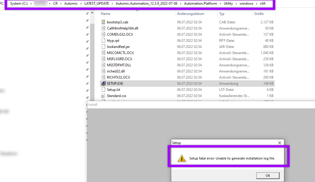 Error writing to logfile c:\windows\ST6UNST.00x. on utility install | Automic Workload Automation