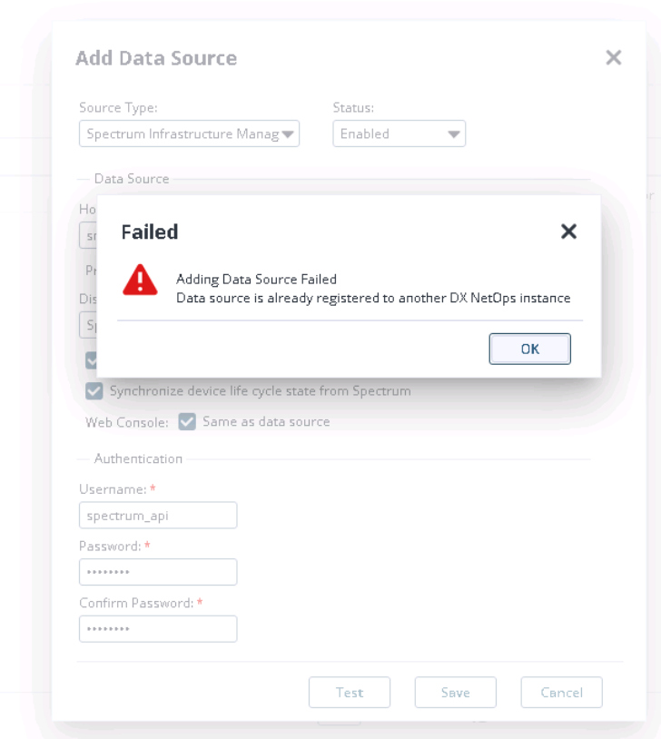 [PERFORMANCE MANAGEMENT & SPECTRUM INTEGRATION] Data Source is already registered to another DX ...