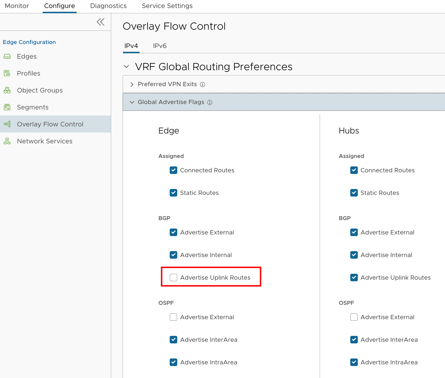 how to advertise uplink routes in overlay from hub on Velo Cloud ...
