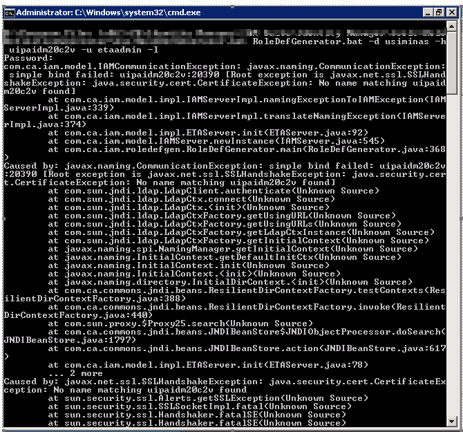 Problem executing the RoleDefGenerator command | Symantec IGA