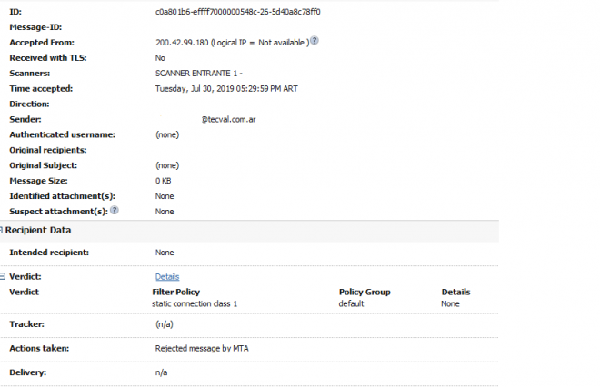 Veridict Filter Policy static connection class 1 - Actions taken ...