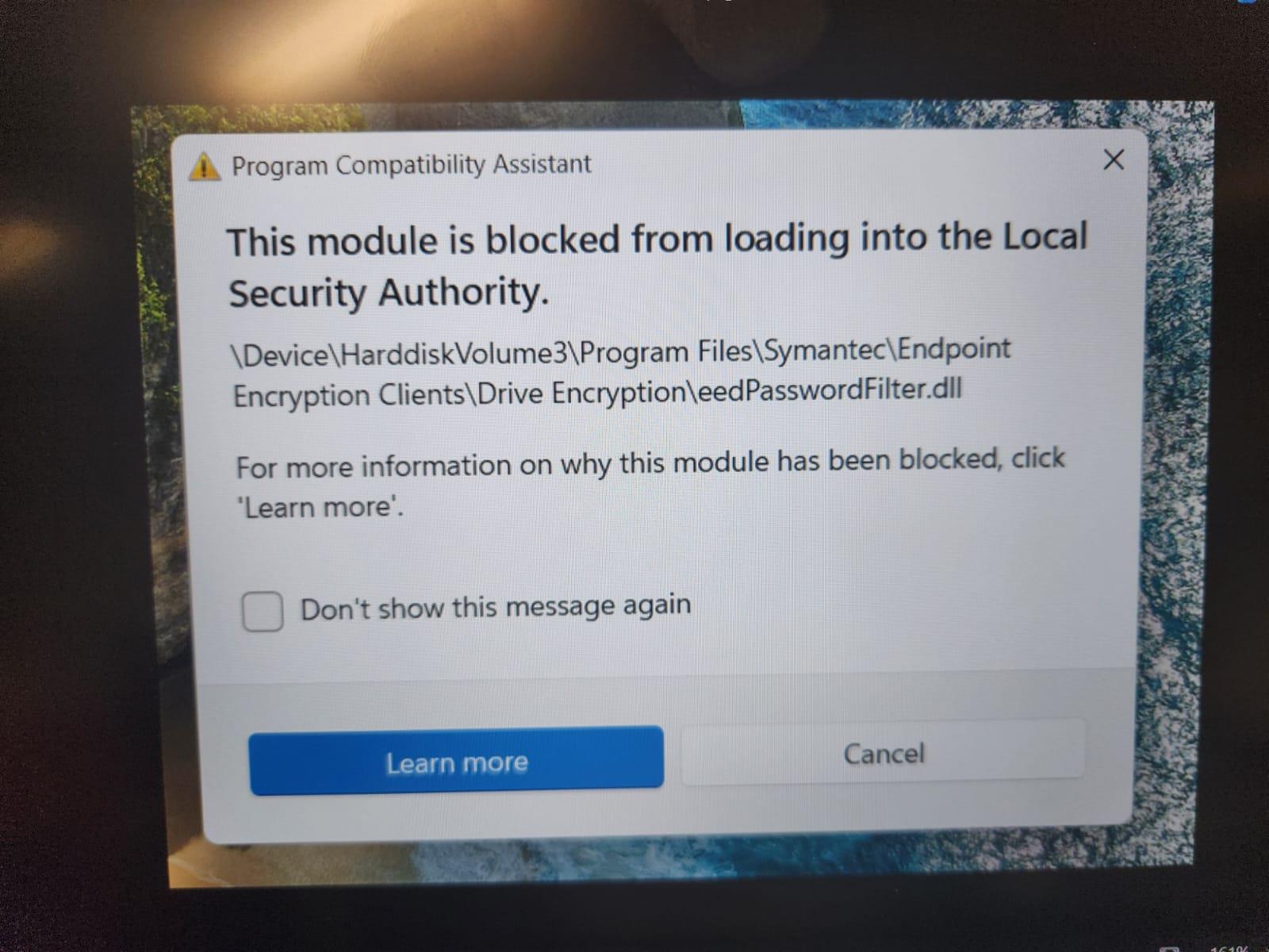 SEE - This module is blocked from loading into local security authority | Symantec PGP Encryption