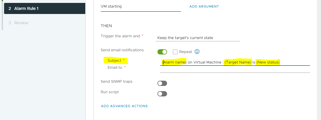 Customize email alert subject line | VMware vSphere