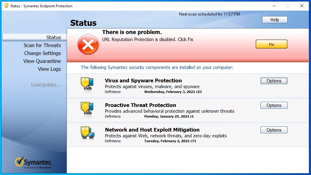 SEP Client 14.3.3385.1000 displaying Red Error "URL Reputation ...