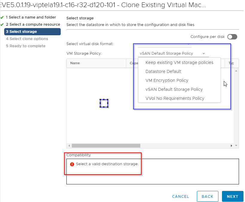 Select a valid destination storage when clone vm | VMware vSphere