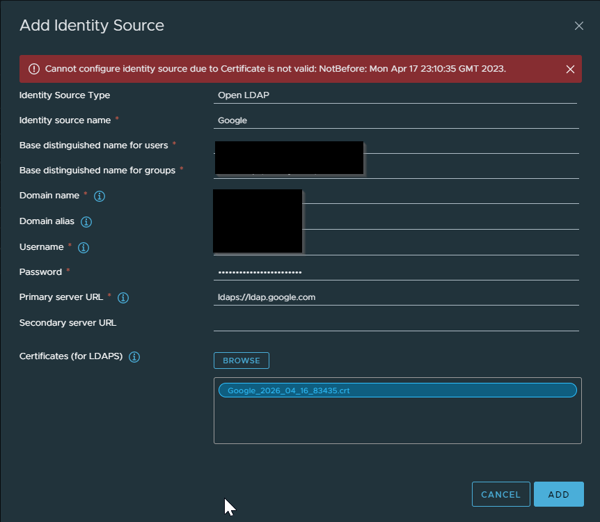 Cannot configure identity source due to Certificate is not valid | VMware vSphere