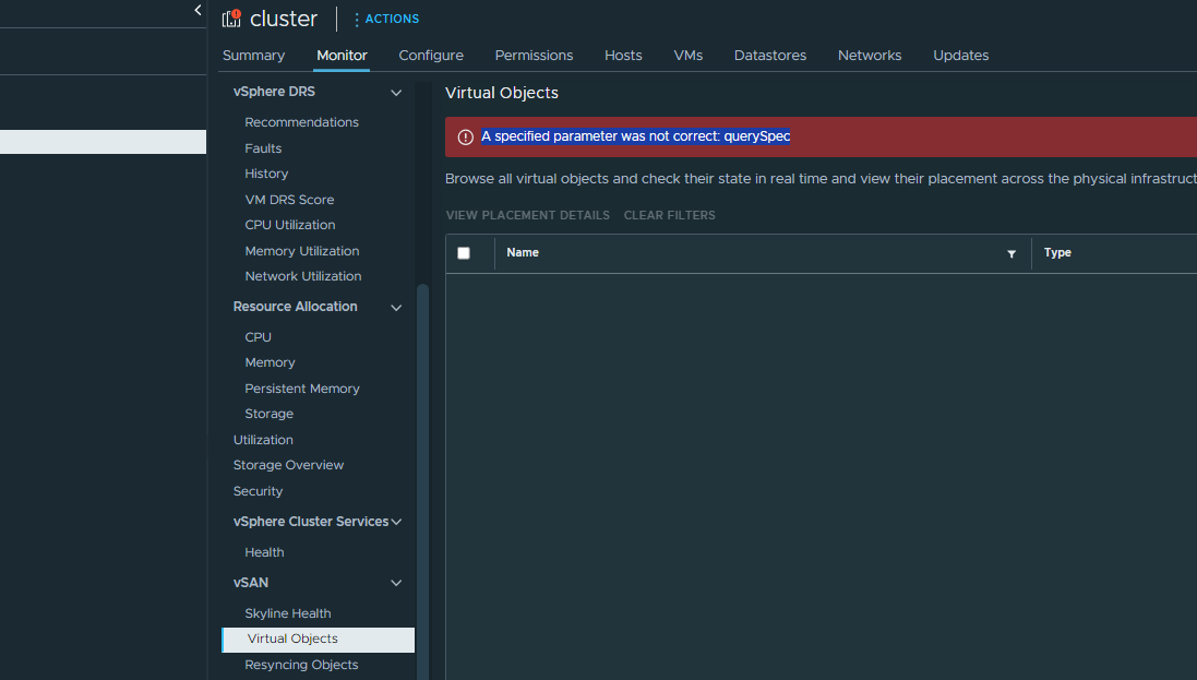 vSAN Virtual Object No Longer Displaying - A specified parameter was not correct: querySpec | vSAN1