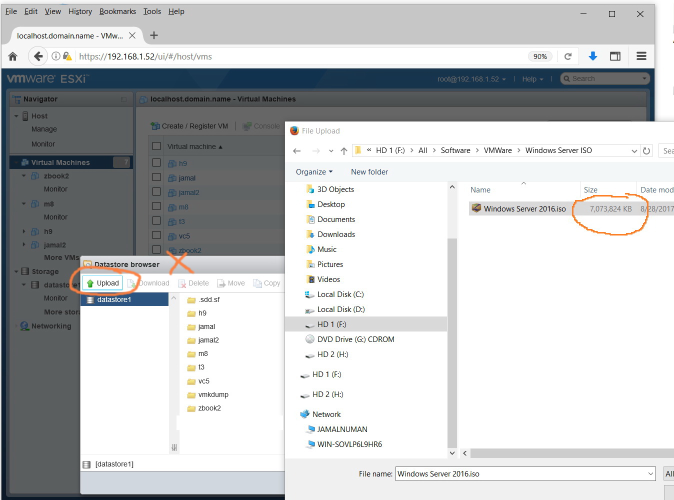 How to install windows on the esxi vm without uploading the 7 GB windows ISO file? | VMware vSphere