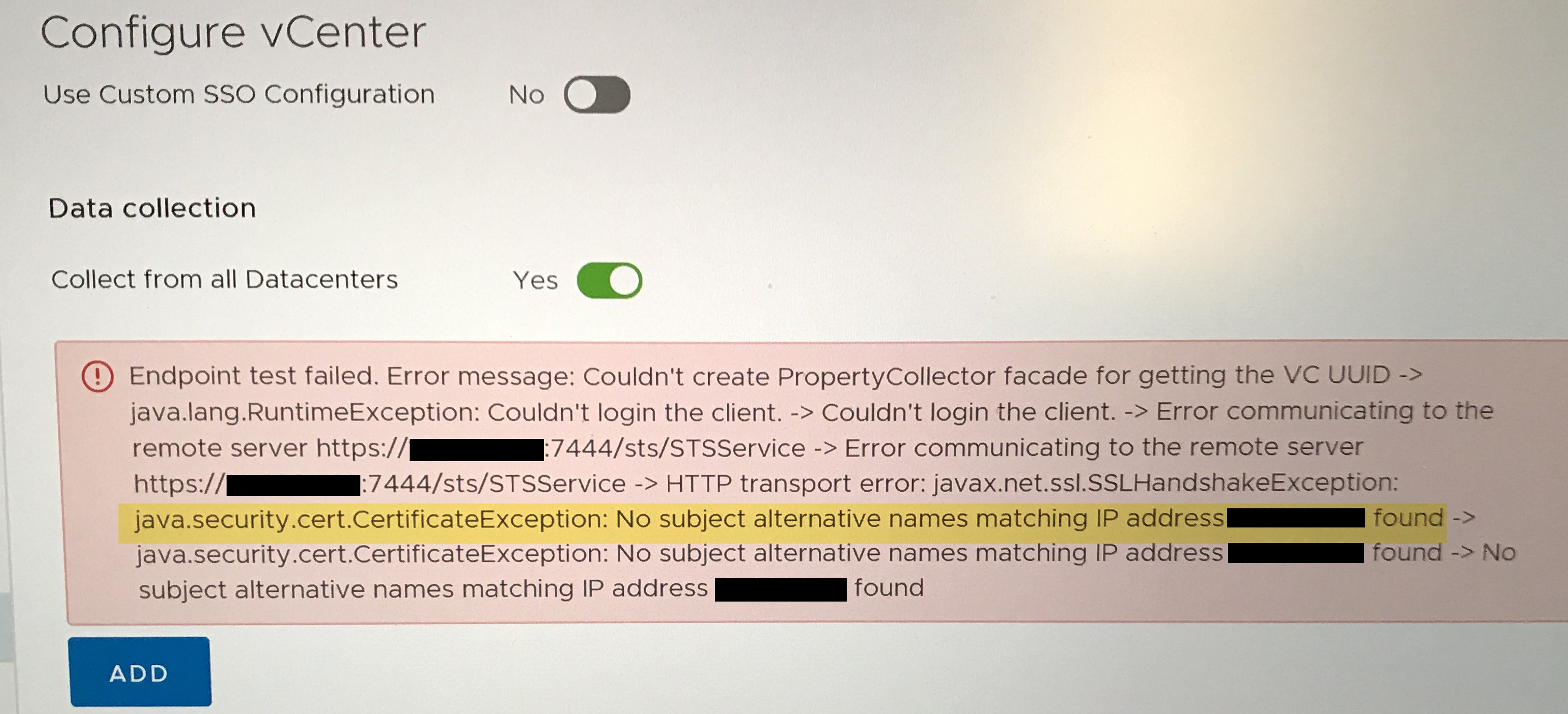 Configure vCenter fails: java.security.cert.CertificateException: No subject alternative names ...