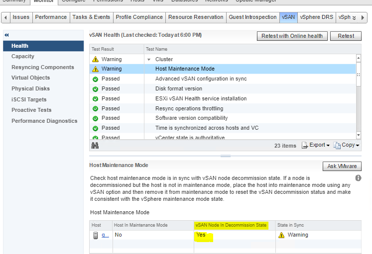 vsan health alarm 'host maintenance mode and decommission state' | vSAN1