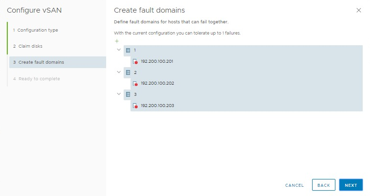 vSan unable to get pass fault domain creation | vSAN1
