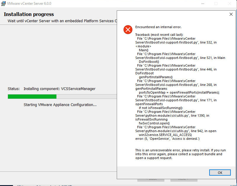 vCenter Server 6.0 Installation Fails (Installation of component VCSServiceManager failed with ...