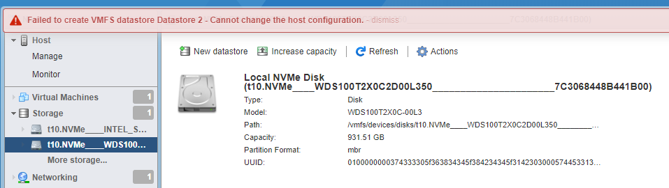 Unable to create datastore | VMware vSphere