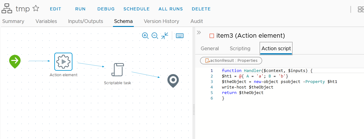 vRO 8.1 - Scriptable Task (Powershell) not passing "output" to next action as an "input ...