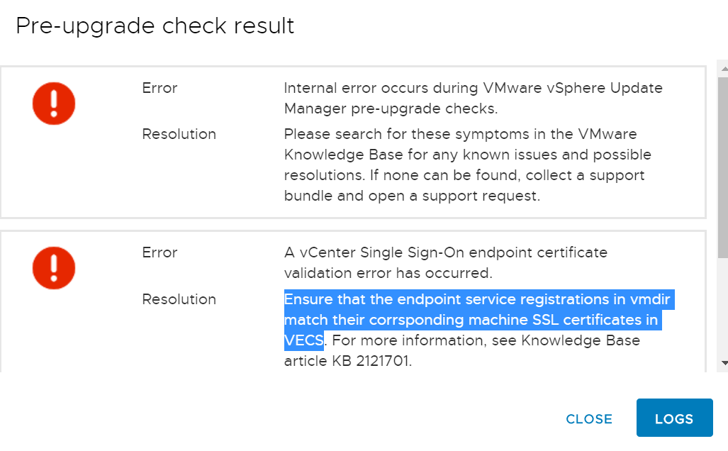 vecs-cli failed. Error 4312 | vSphere Upgrade & Install