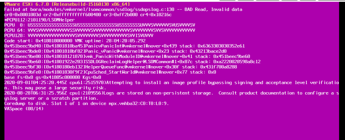 ESXi 6.7 vSAN host experiences a purple diagnostic screen at bora ...