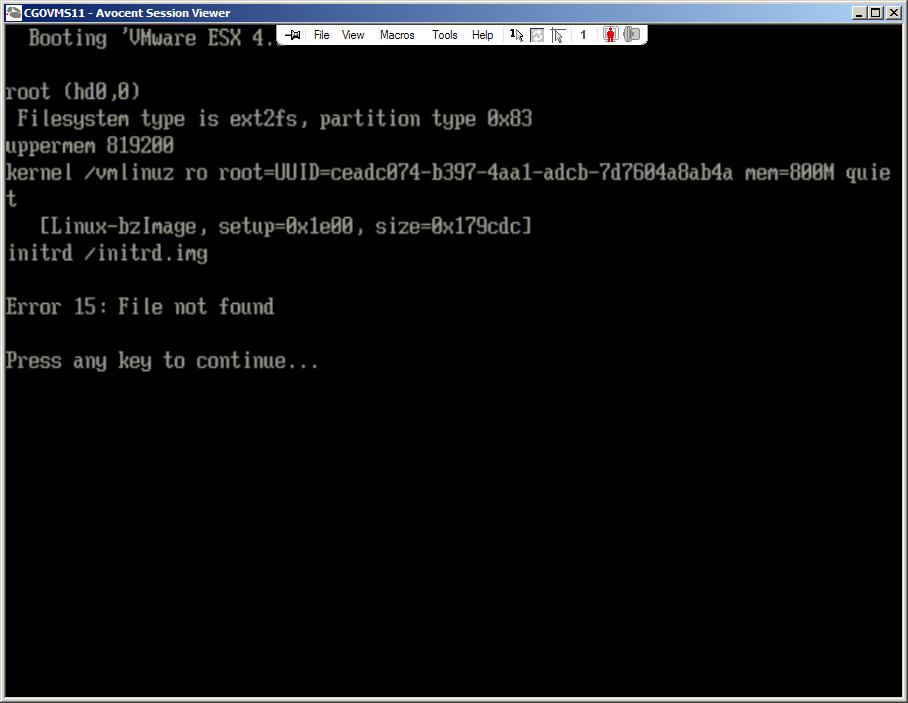 Error 15 file not found press any key to continue after ESX 4.1 remediation | VMware vSphere