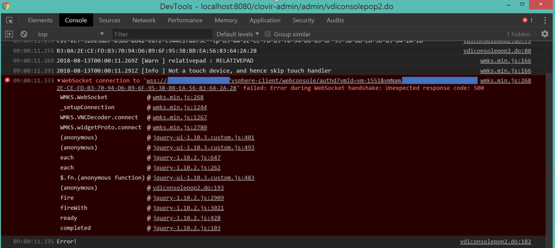 WebSocket handshake: Unexpected response code: 500 | VMware vCloud