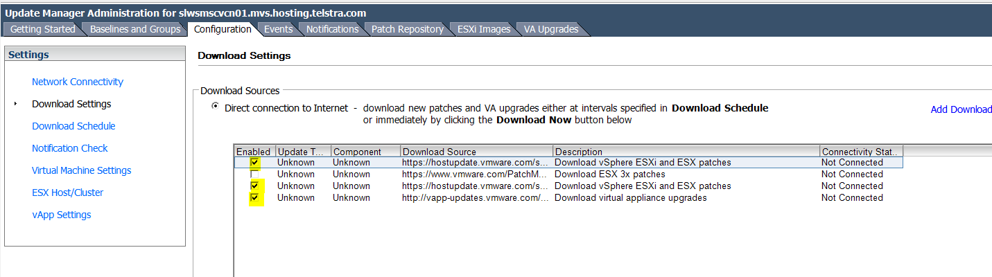 Configure download settings for update manager | PowerCLI