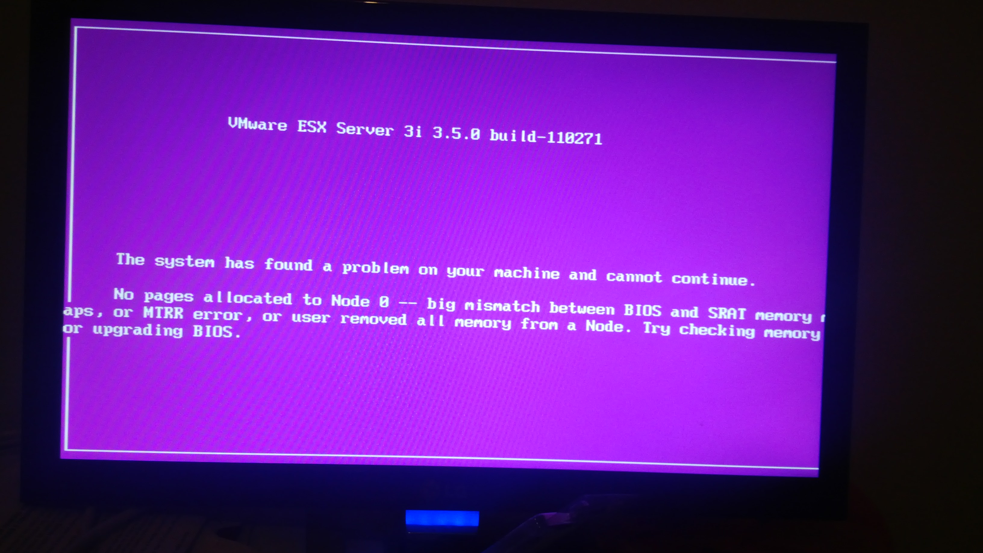 Any version of ESXi fails with memory related errors on IBM x3550 type ...