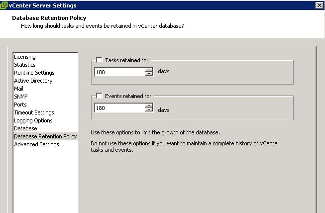 Database Retention policy | VMware vSphere