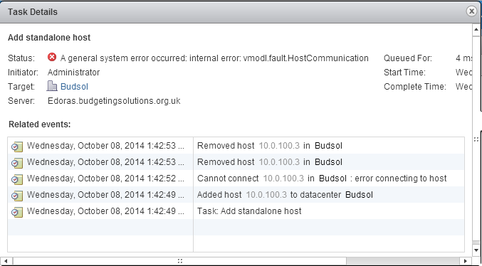 Problems adding a host to VCenter | VMware vSphere