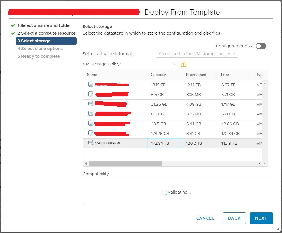 deploy vm from template but hanging at select storage? | VMware vSphere