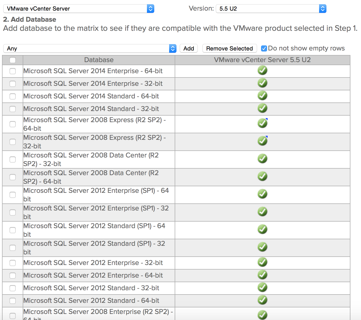 what is the latest version SQL supported for v5.5 update 2? 2012 2014 ...
