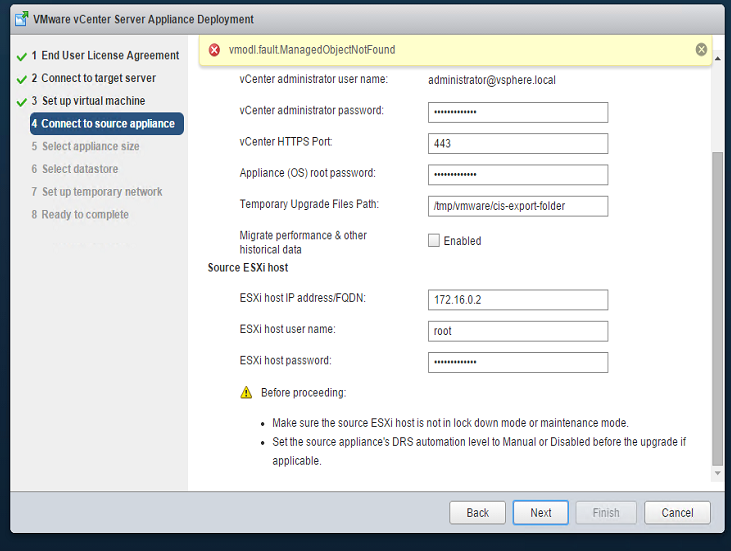 Upgrade from vCSA 5.5 to 6 fails with "vmodl.fault.ManagedObjectNotFound" | VMware vSphere
