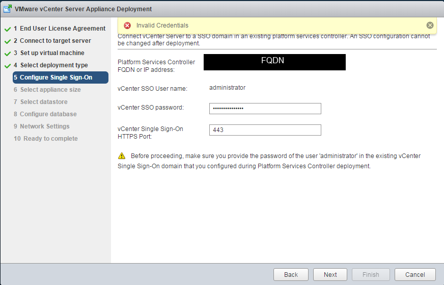 External PSC - VCSA gets Invalid Credentials | VMware vSphere