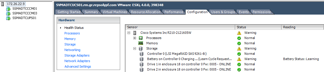 Battery status: Learning in VMWare ESXi 4.0.0, 398348 - Cisco UCS C210 M2 | VMware vSphere