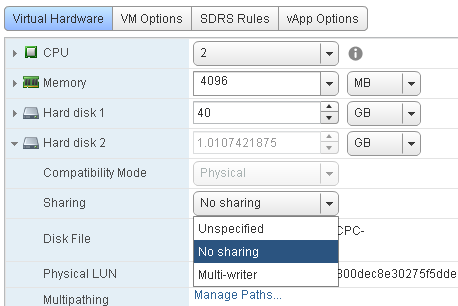 RDM Disk Sharing Setting for Windows cluster | VMware vSphere