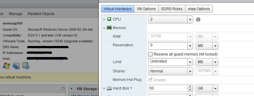 Hot plug enabled but add memory grayed out | VMware vSphere