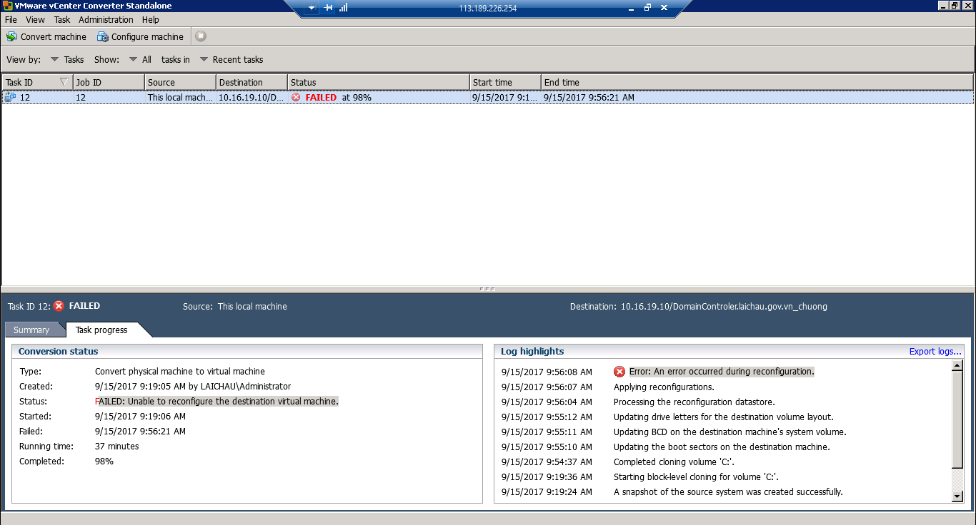 FAILED: Unable to reconfigure the destination virtual machine. (98%) | VMware vSphere