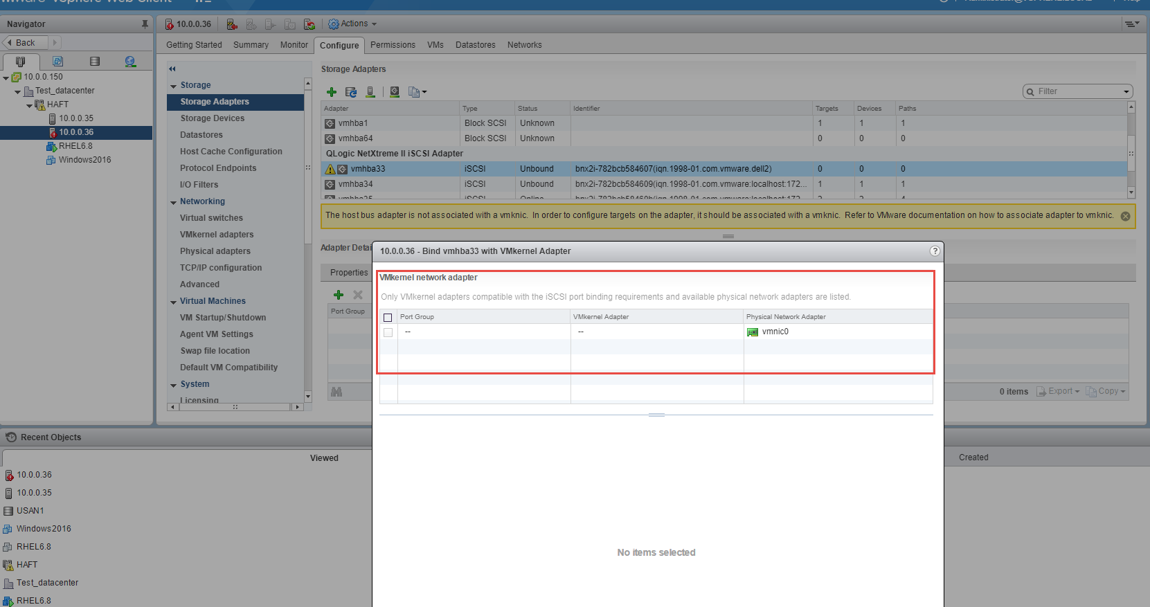 Cannot attach VM Kernel adapter to vmhba for iSCSI port binding ...