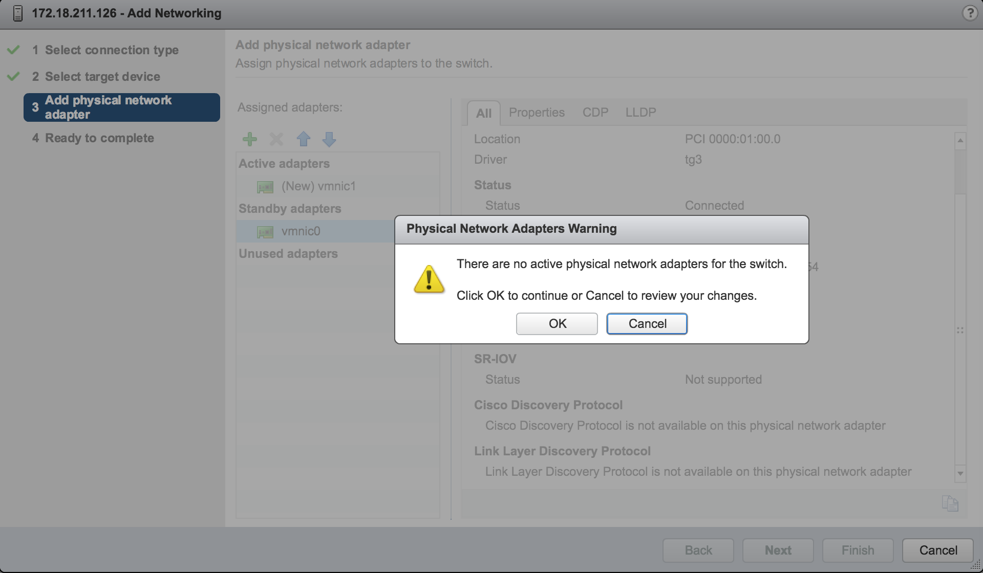 There are no active physical network adapters for the switch | VMware vSphere